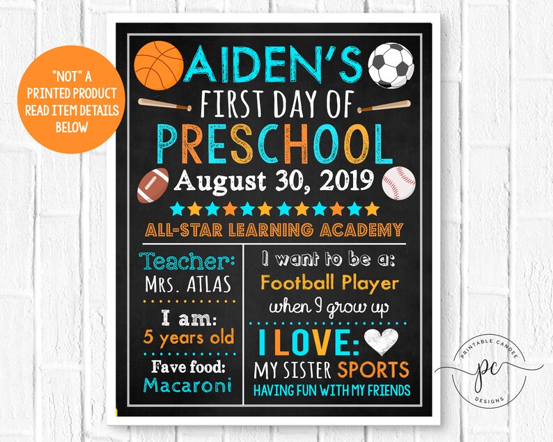 Sports First Day of Preschool Sign 1st Day of Kindergarten - Etsy