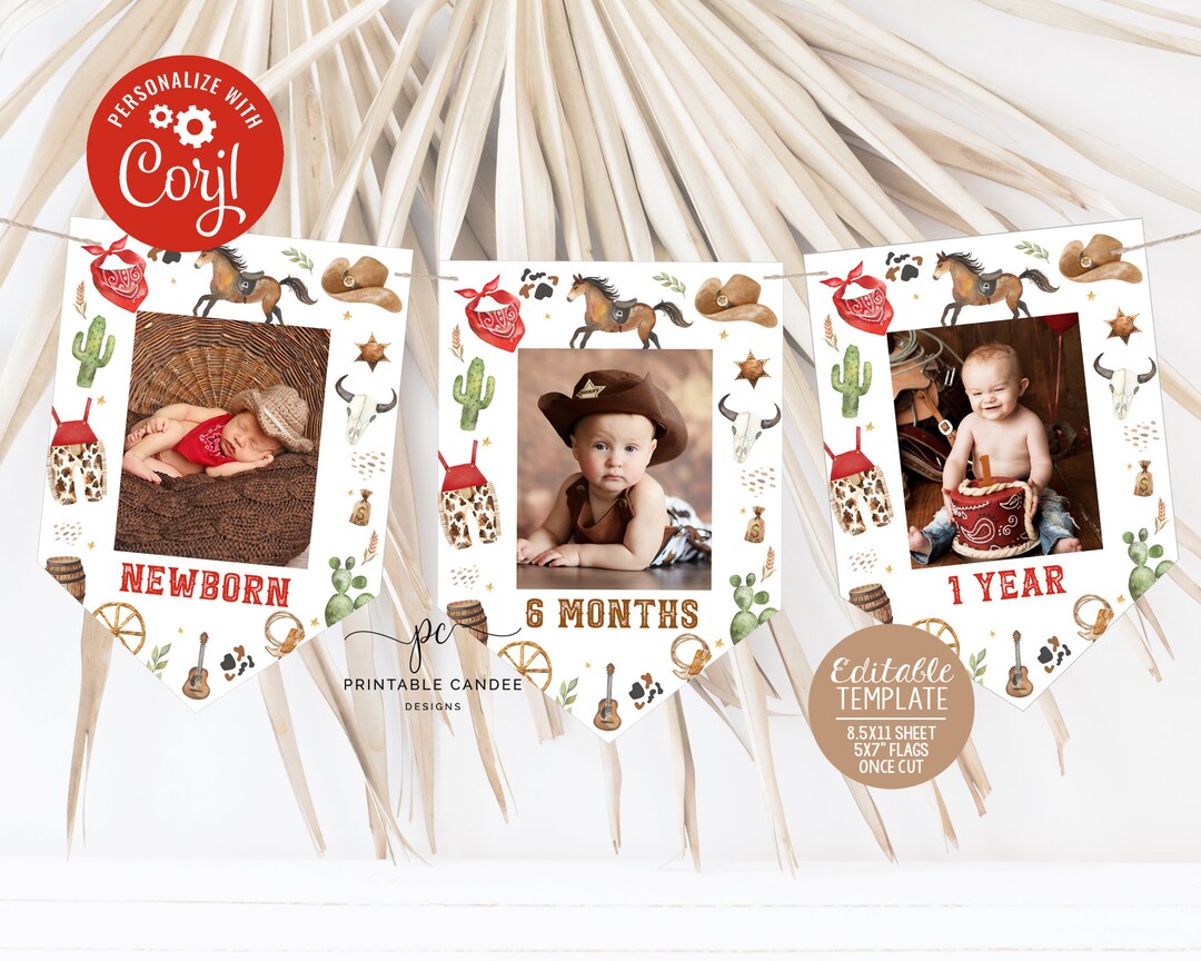 Editable Cowboy Monthly Photos Flag Banner 1st Rodeo Birthday Theme ...