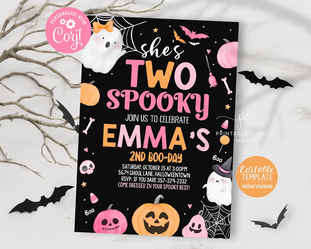 Editable Halloween Pink Ghost 2nd Birthday Invite Girl Boo Theme Two ...