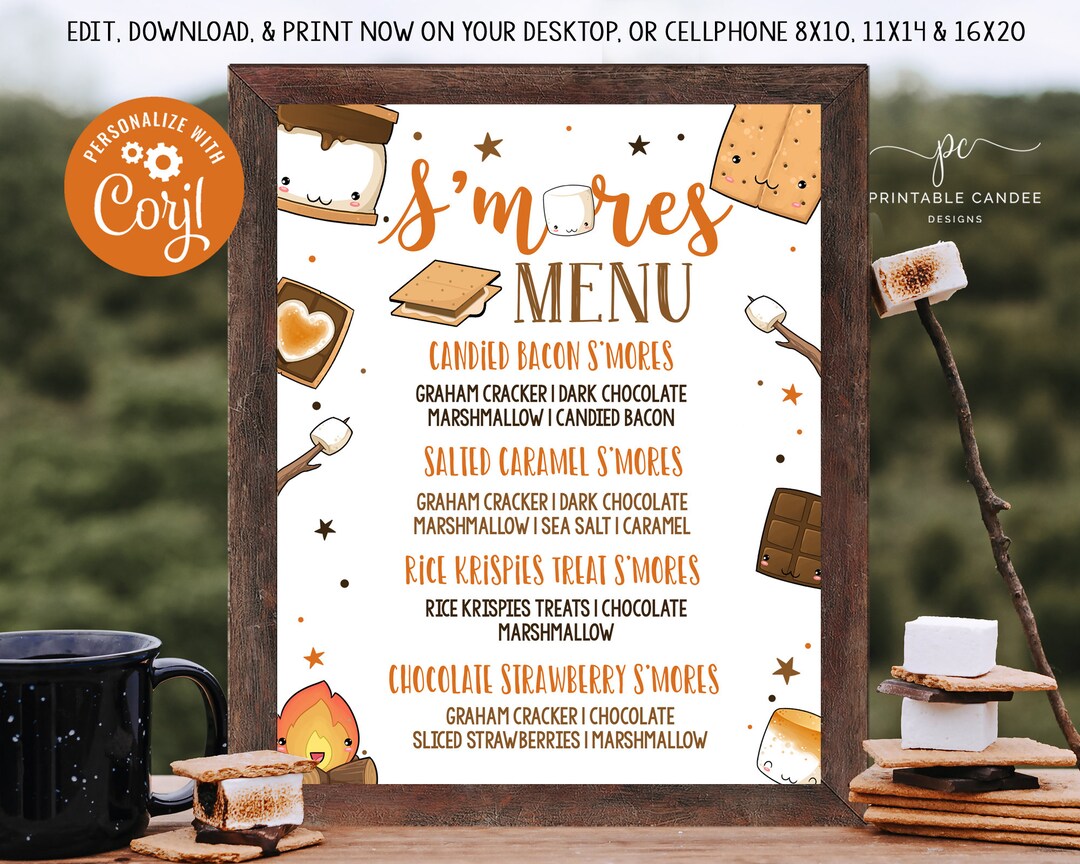 Editable S'more Bar Menu Sign Smore Bar S'mores Station Outdoor Party ...