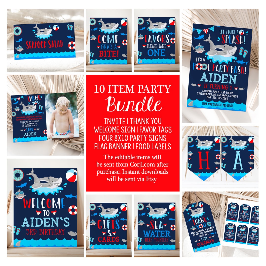 Shark Pool Birthday Party Bundle Ocean Favors Signs Boy Decor Summer ...