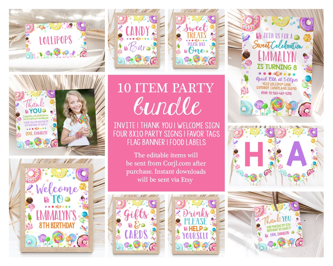 Editable Candy Party Bundle Lollipop Donut Theme Birthday Decor Sweet ...