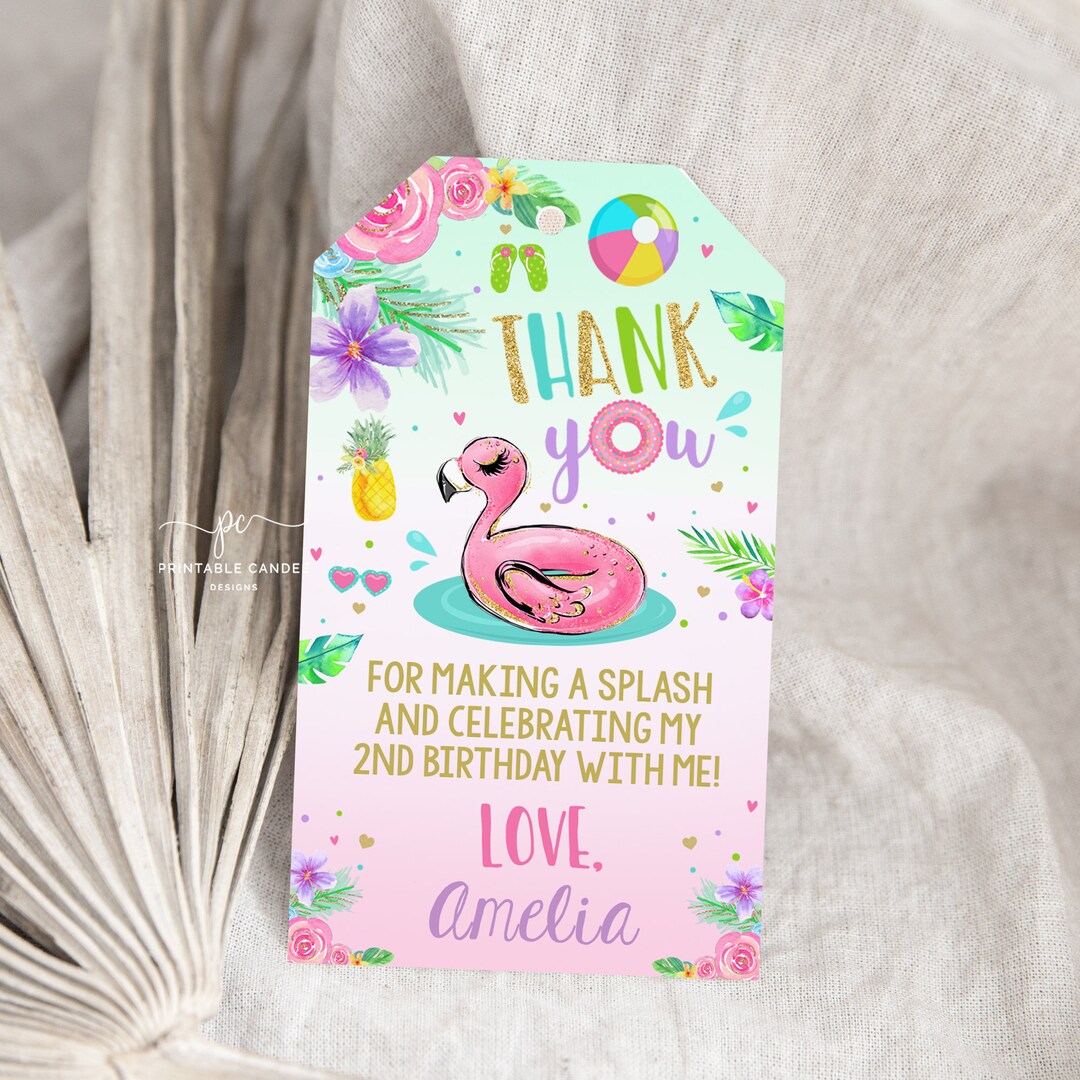 Flamingo Pool Party Favor Tags Editable Girl Birthday Tropical Summer ...