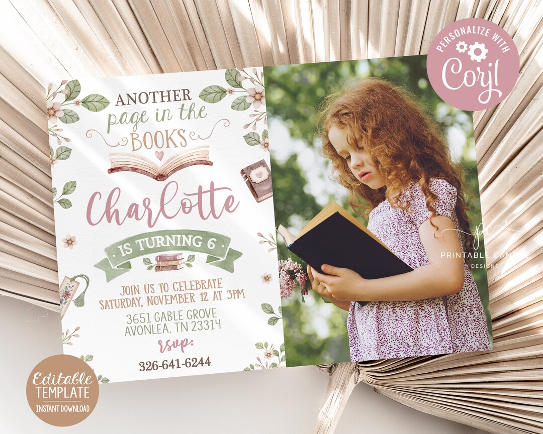Editable Book Birthday Invitation Girl Library Themed Invite Photo ...