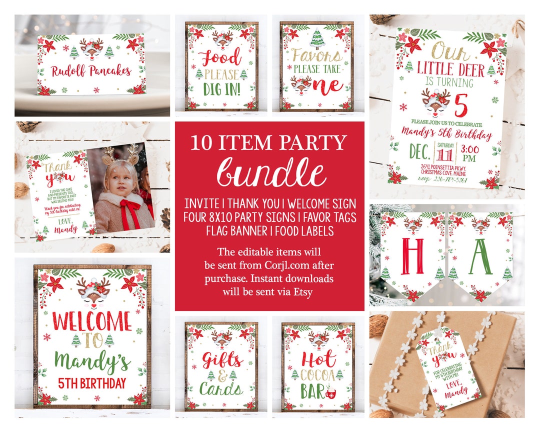 Editable Reindeer Party Bundle Christmas Theme Birthday Decor Girl ...