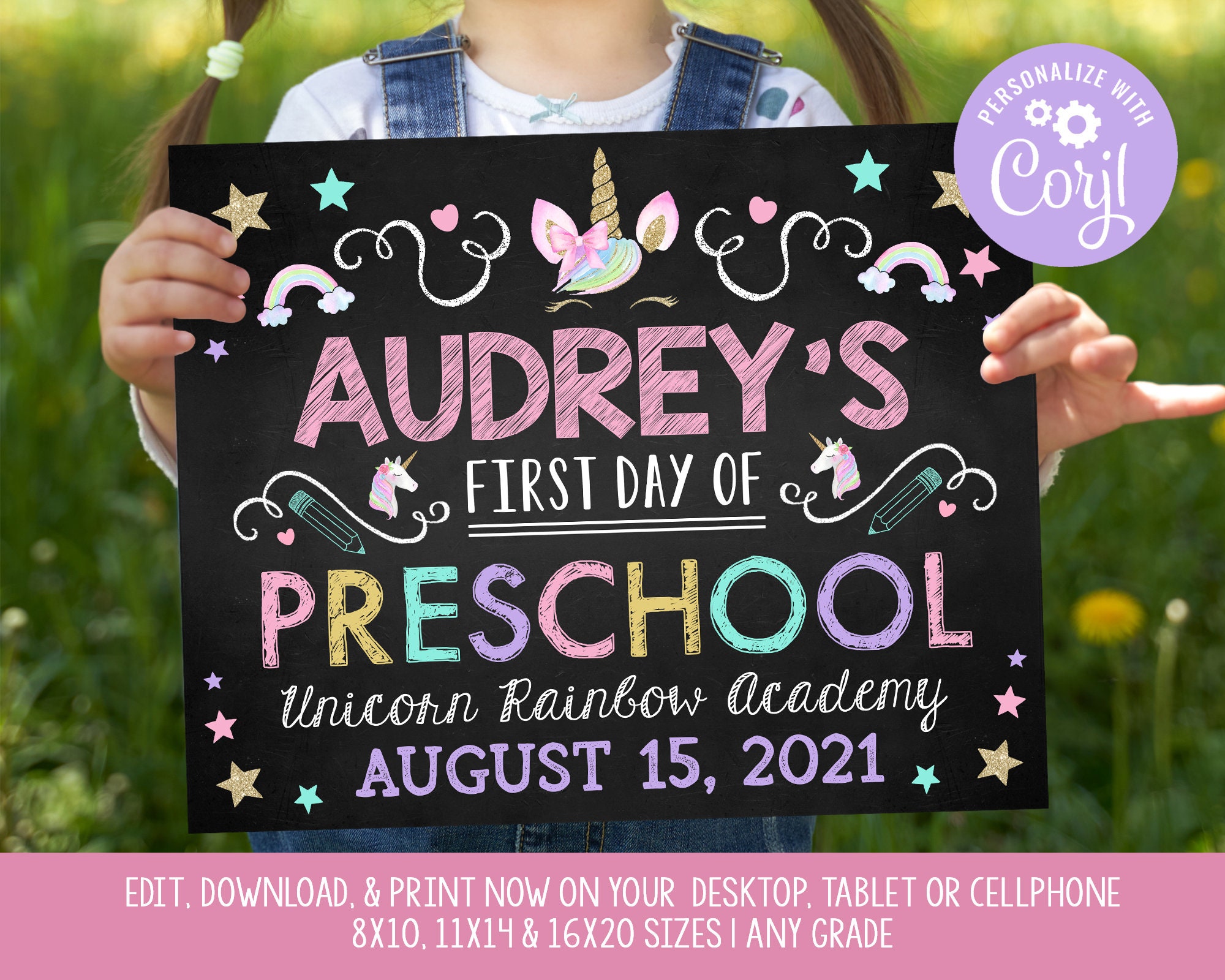 Paper & Party Supplies Girl Princess First Day Of Preschool Sign 1st ...