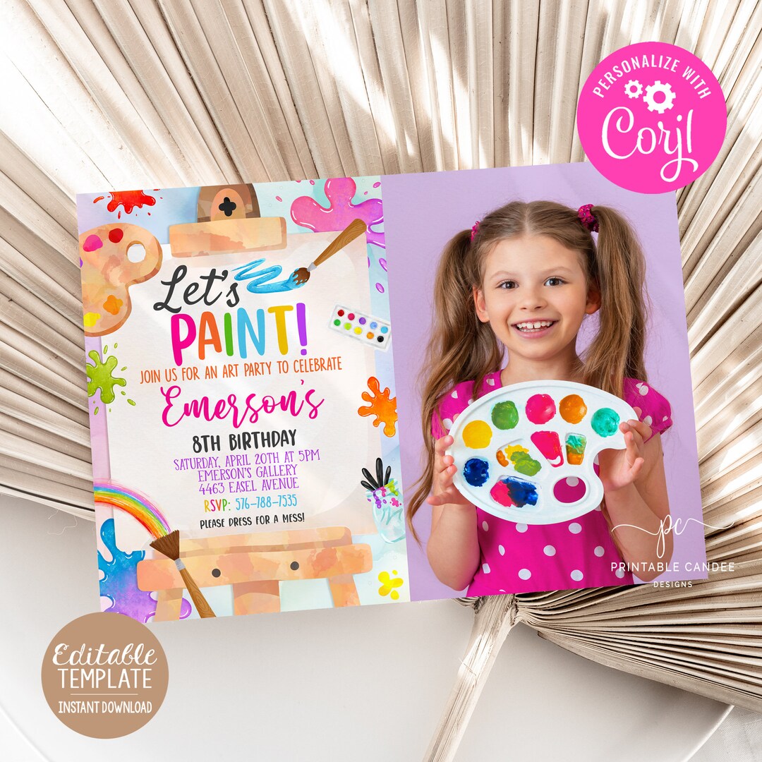 Editable Art Birthday Invitation Painting Party Invite Rainbow Artist ...