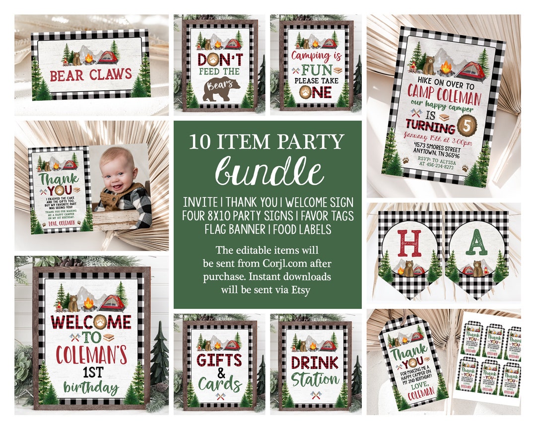 Editable Camping Lumberjack Birthday Party Invite Bundle Bear Black ...