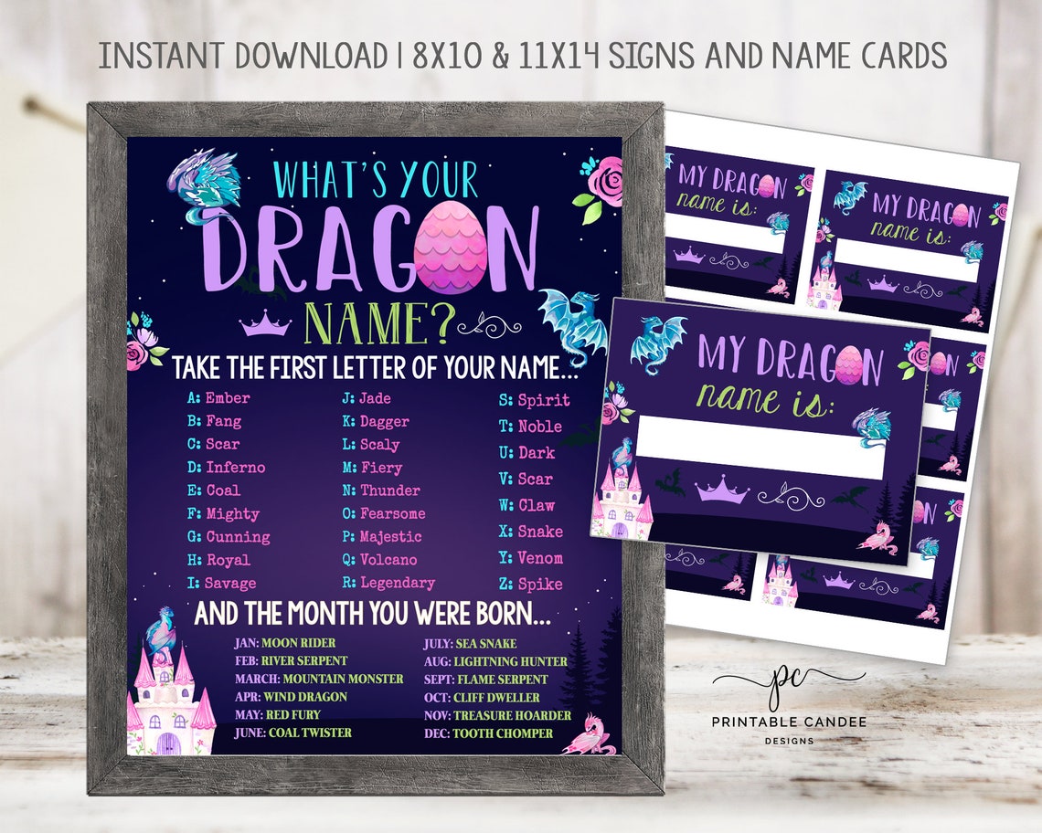 Dragon Name Game Sign Girl Dragon Birthday Party Printables | Etsy