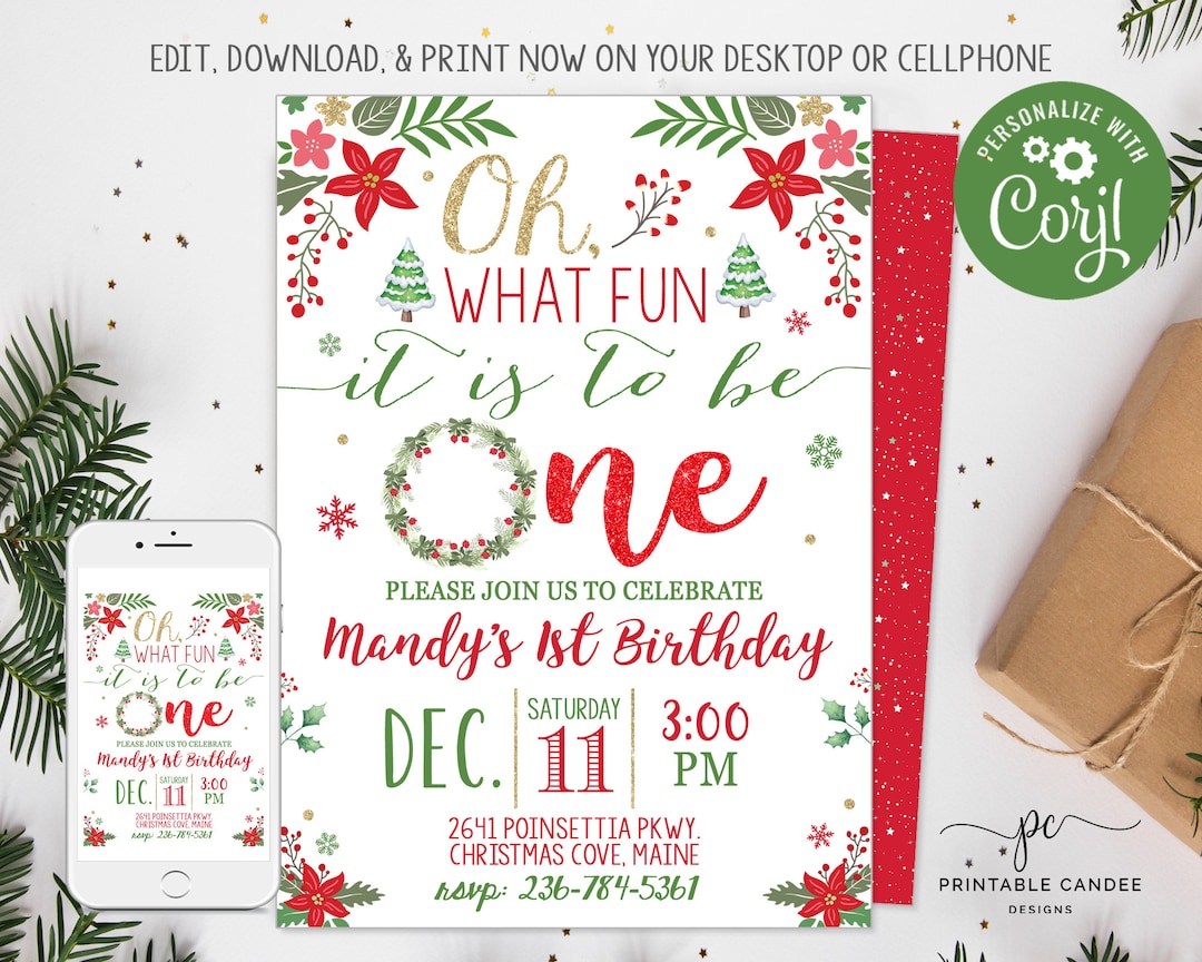 Editable Christmas Birthday Invitation Gold Red 1st Birthday - Etsy
