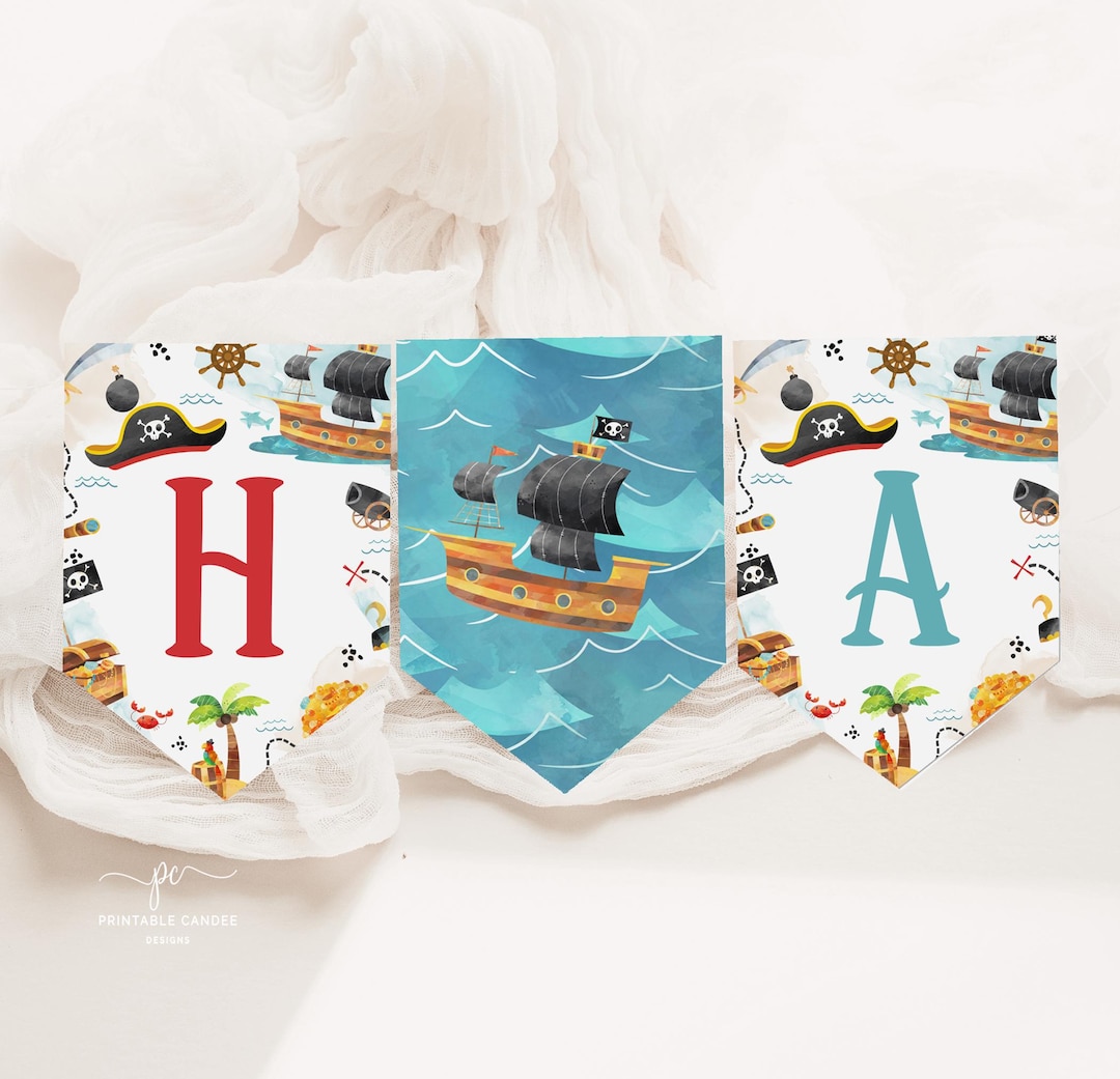 Editable Pirate Birthday Flag Banner Ahoy Matey Theme Pirates Party ...