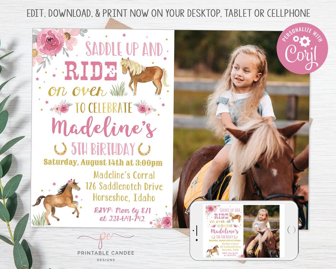 Girl Horse Birthday Invitation Party Invite Floral Pink Gold Pony Theme ...