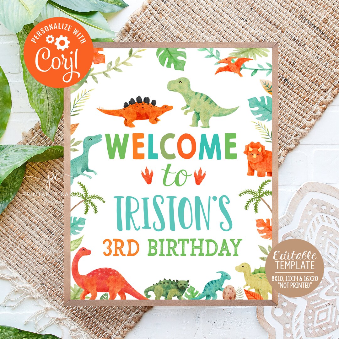 Editable Dinosaur Welcome Sign Boy Dino Birthday Party Theme Door Sign ...