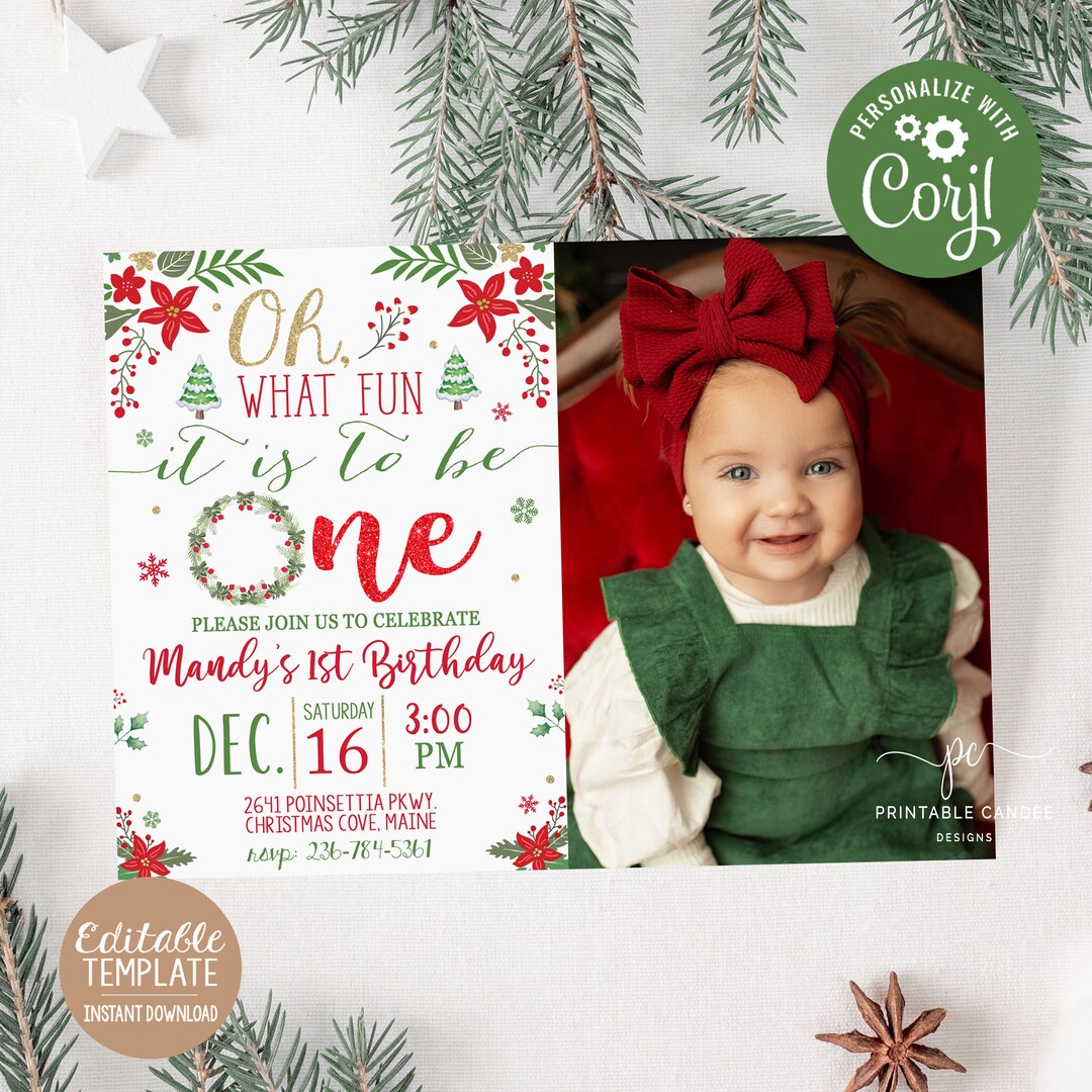 Editable Christmas Birthday Invitation Gold Red 1st Birthday Christmas ...