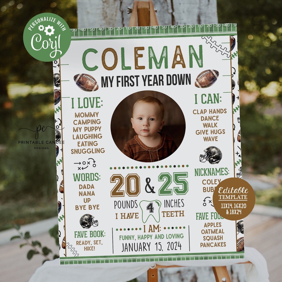 Editable Football First Birthday Stats Sign Sports Chalkboard Milestone ...