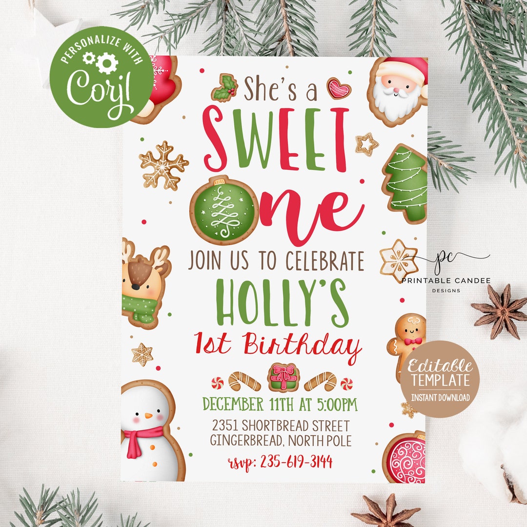 Editable Christmas Birthday Invitation Holiday Cookie Party 1st ...