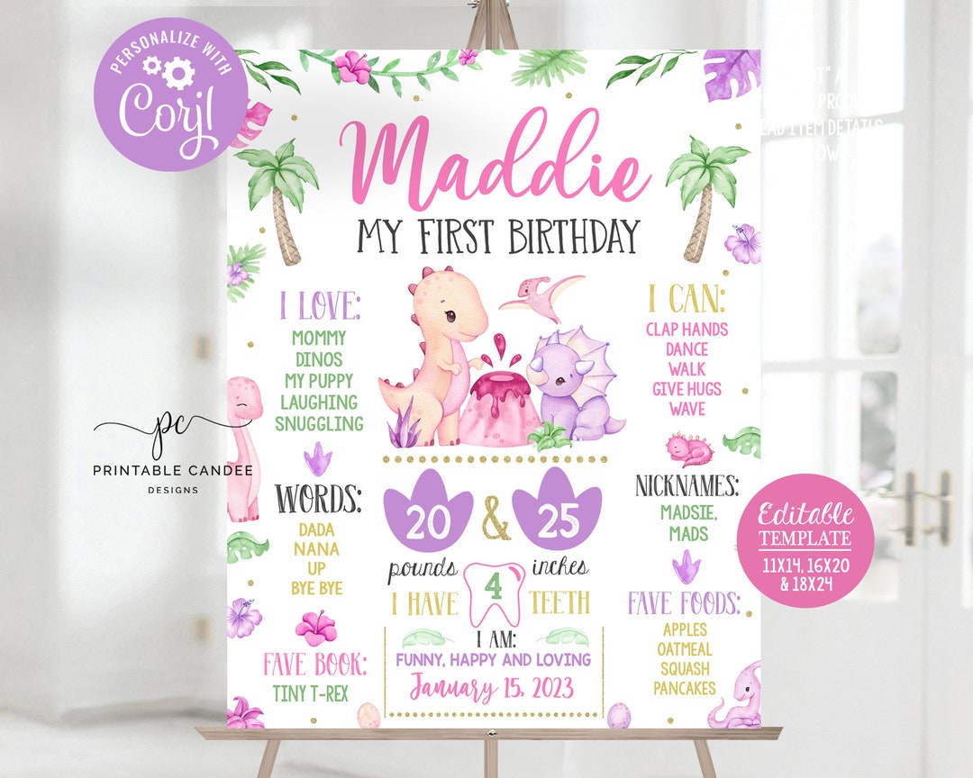 Editable Girl Dinosaur Milestone Sign Baby Dino Party Theme Birthday ...