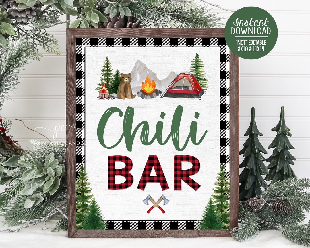 Chili Bar Sign Camping Party Decor Lumberjack Black One Happy Camper ...