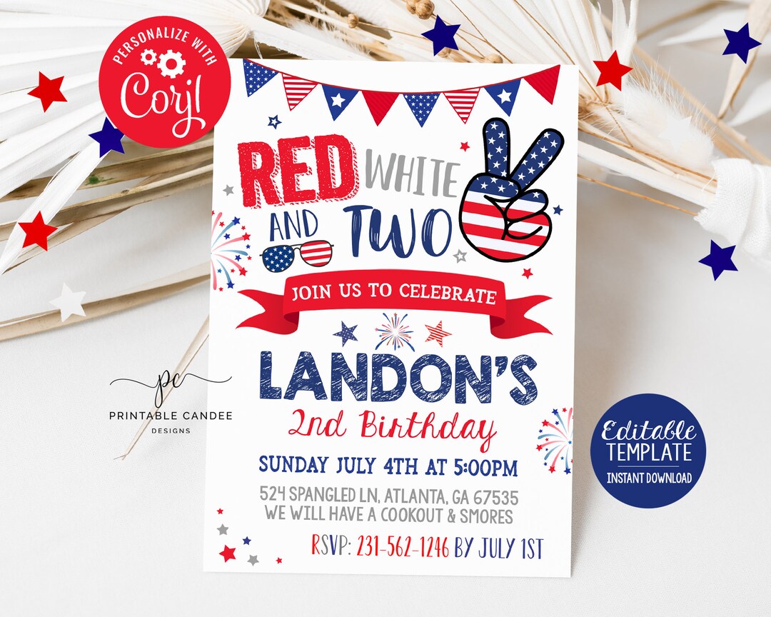 4th of July 2nd Birthday Invitation Red White and Two Patriotic Stars ...