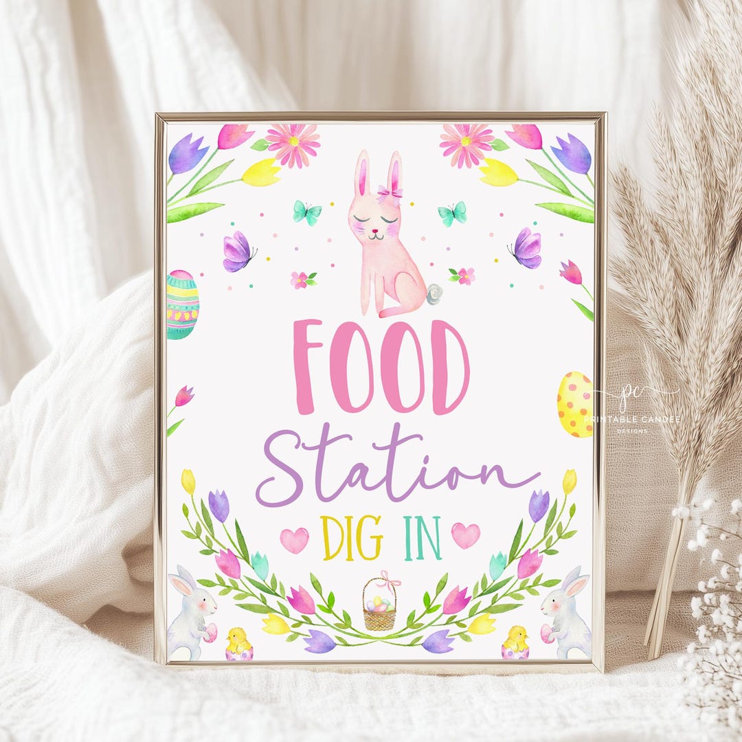 Easter Birthday Food Sign Pink Bunny Table Decor Spring Floral Theme ...