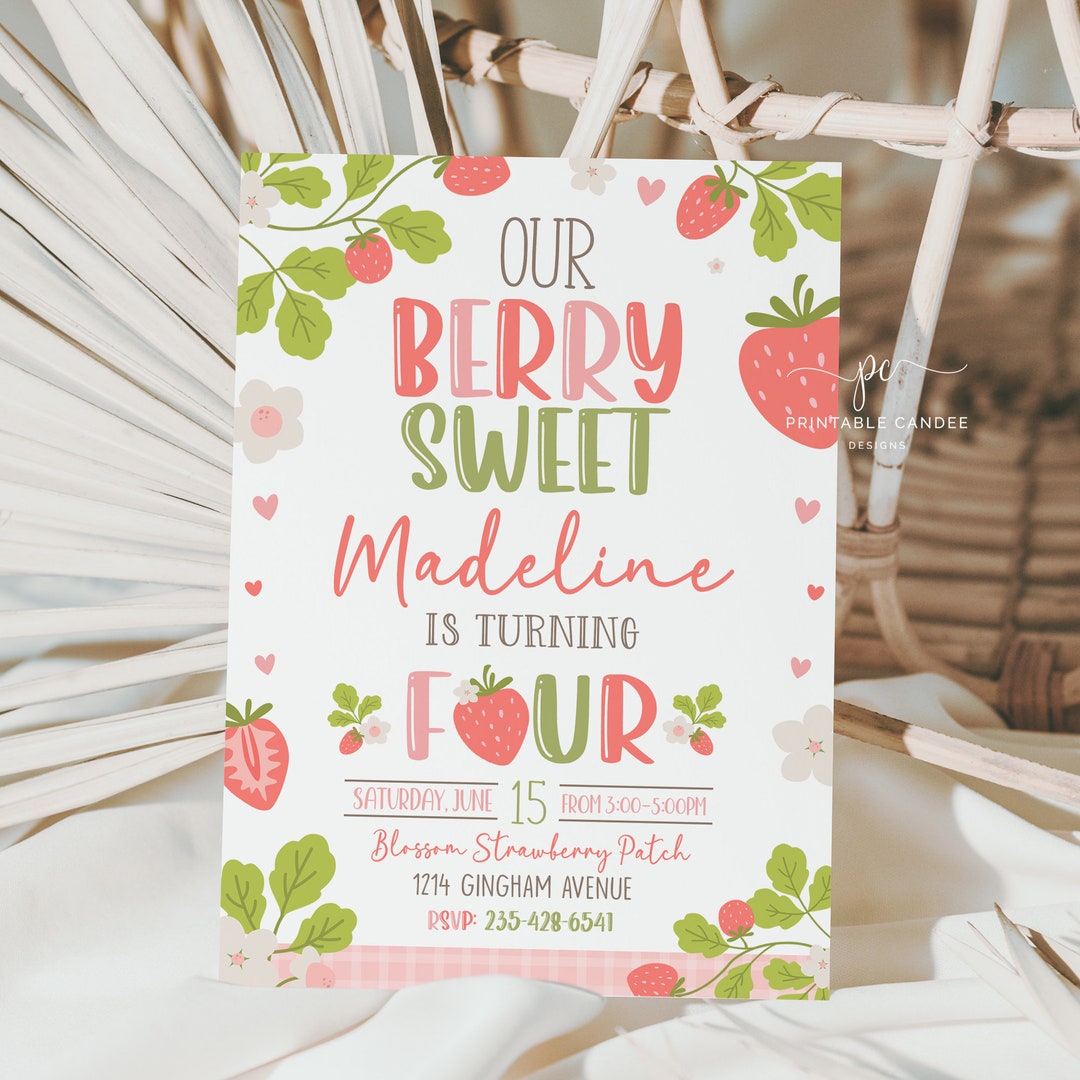 Strawberry 4th Birthday Invitation Berry Editable Invite Girl Pink Red ...