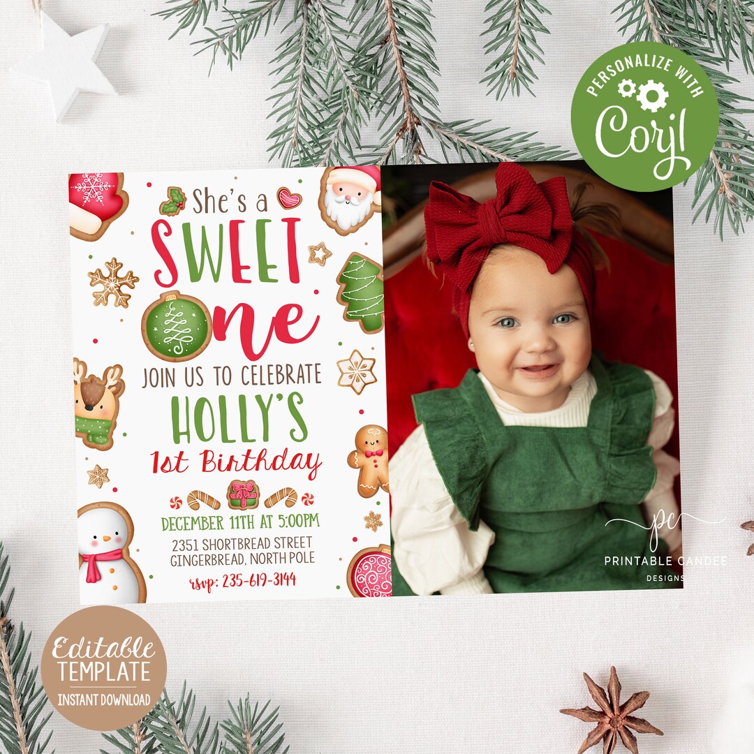 Editable Christmas Birthday Invitation Holiday Cookie Party 1st ...