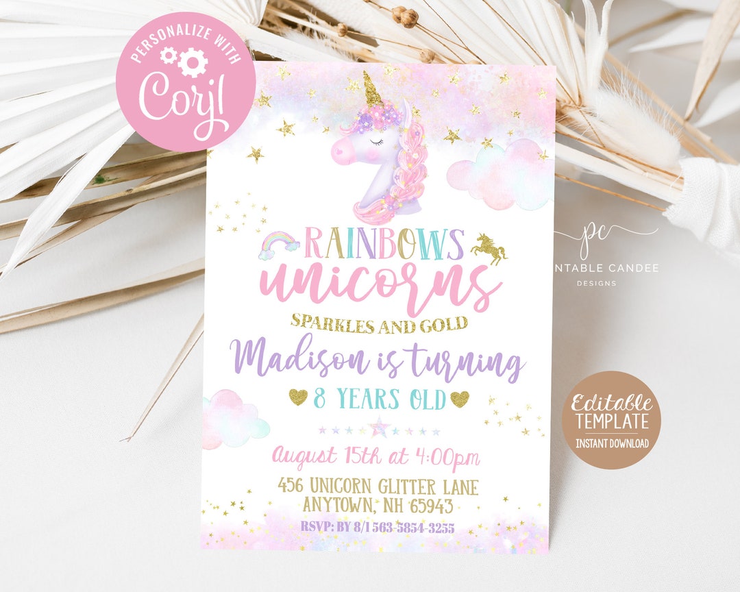 Editable Unicorn Pastel Rainbow Birthday Invitation Unicorns Rainbows ...