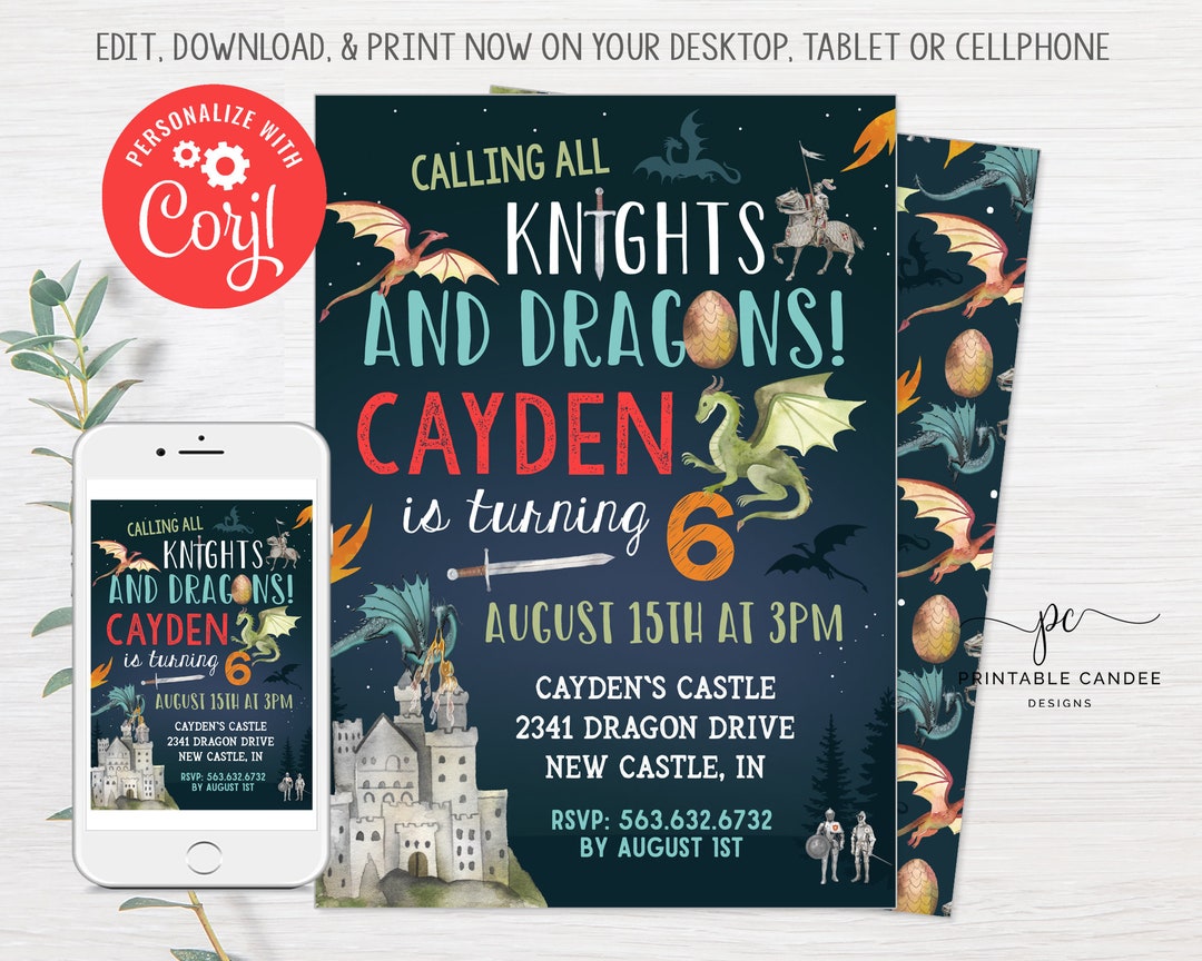 Knights and Dragons Birthday Invitation Editable Dragon Knight Party ...