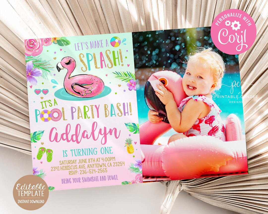 Flamingo Pool Party Invitation Editable Summer Birthday Invite Photo ...