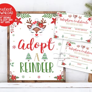 Reindeer Adoption Sign Christmas Deer Birthday Adopt a Reindeer Favor ...