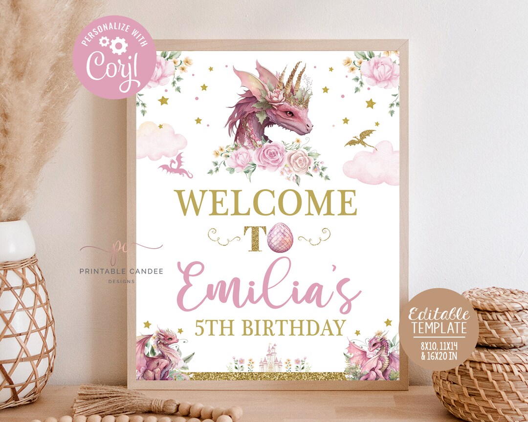 Girl Dragon Welcome Sign Template Pink Gold Dragon Theme Editable Door ...