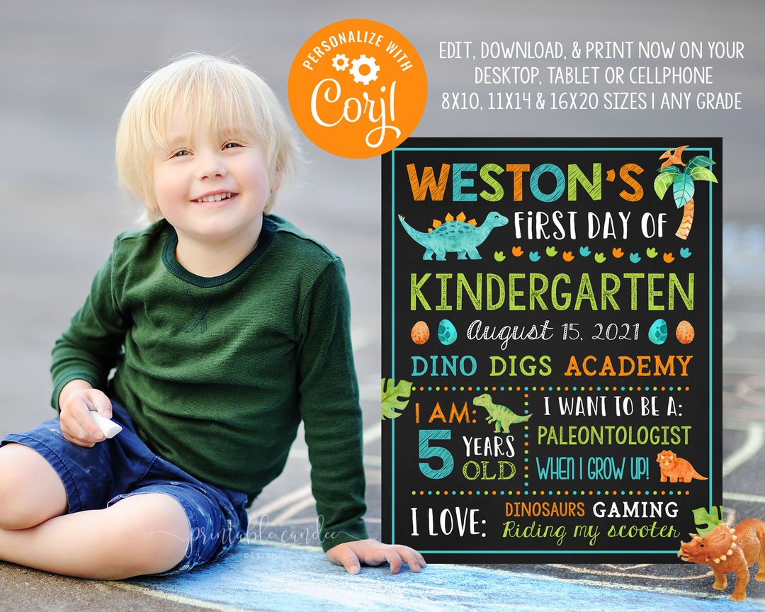 First Day of Kindergarten Sign Dinosaur First Day of Preschool ...
