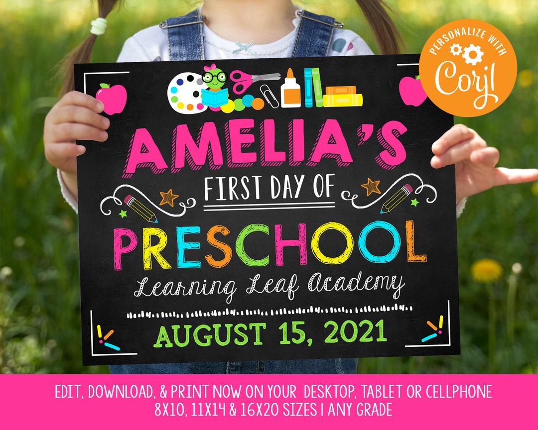 First Day of School Chalkboard Sign Girl 1st Day of Preschool Sign Pink ...