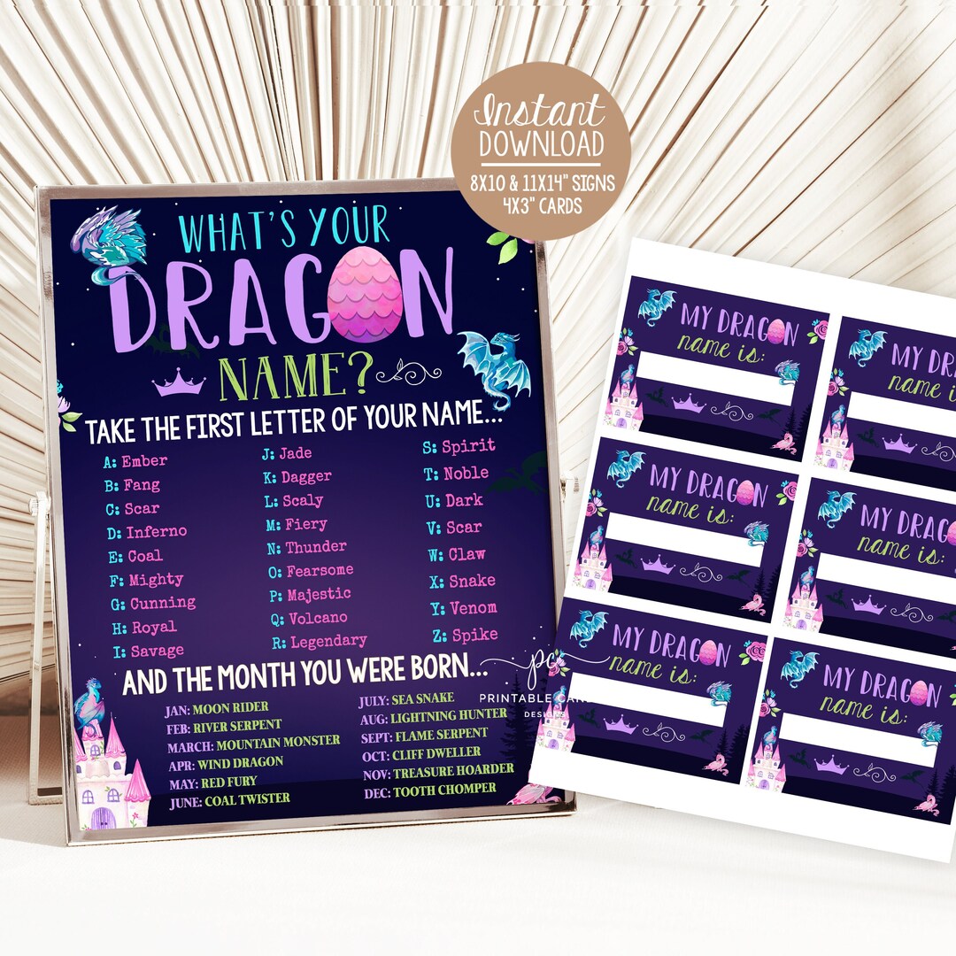 Dragon Name Game Sign Girl Dragon Birthday Party Printables Pink Dragon ...