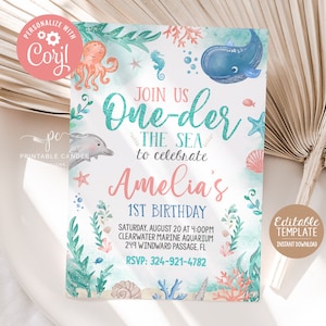 Editable Sea First Birthday Invite Oneder the Sea Girls 1st - Etsy