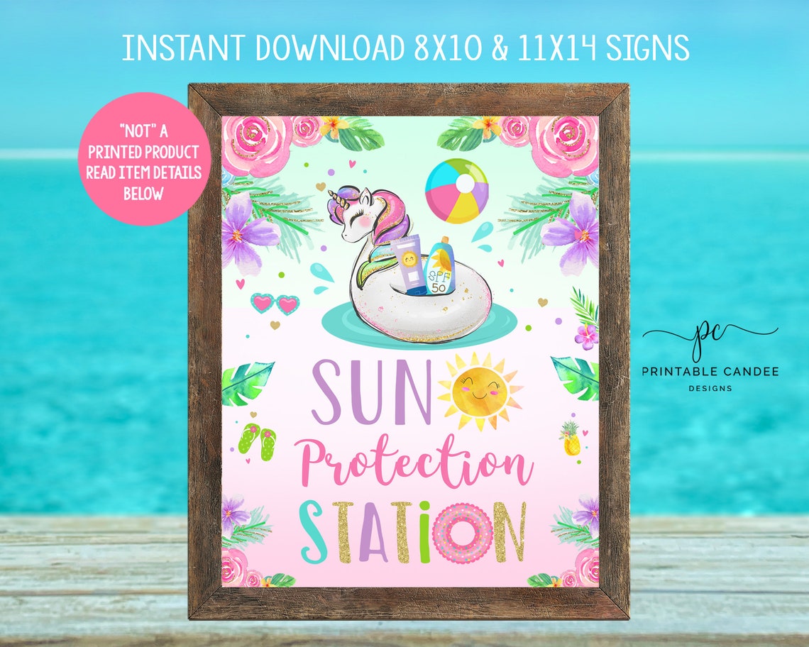Unicorn Pool Party Sun Protection Station Sign Girl Birthday | Etsy