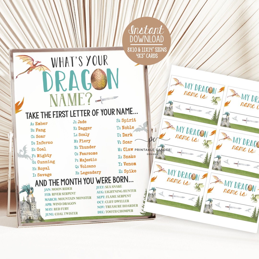 Dragon Name Game Sign Dragon Birthday Party Printables White Dragon Boy ...