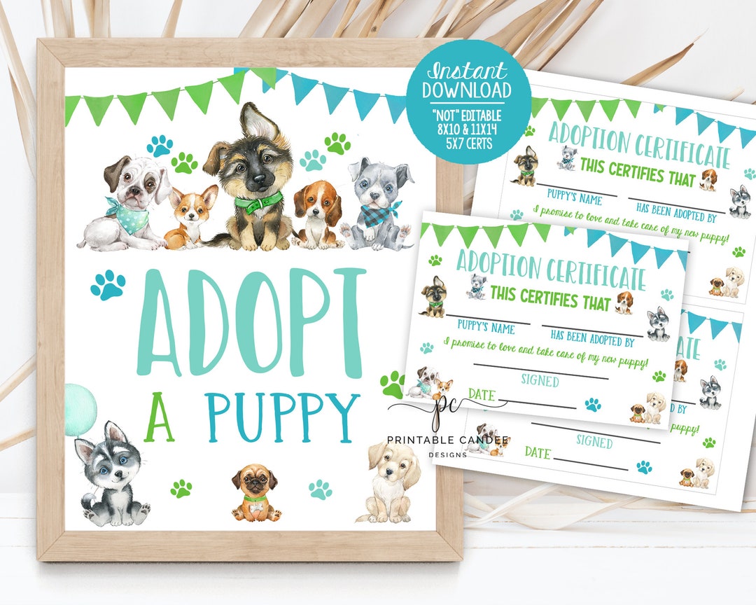 Puppy Adoption Sign Dog Birthday Party Adopt a Pet Decor Boy Theme Blue ...
