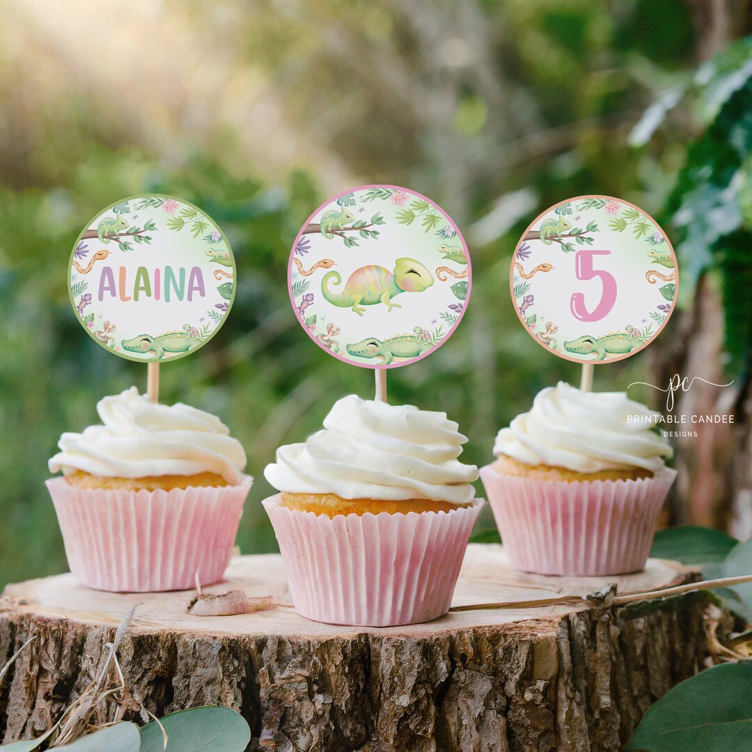 Editable Reptile Cupcake Toppers Pastel Girl Birthday Decor Lizard Birthday Party Theme Frog ...