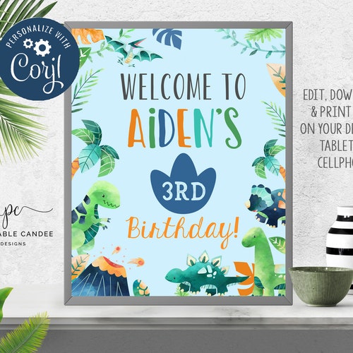 Dinosaur Welcome Sign Boy Birthday Party Orange Green Blue - Etsy