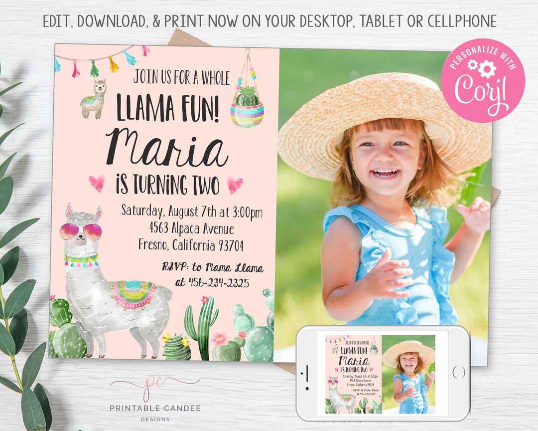 Editable Llama Birthday Invitation Girl Llama Fiesta Cactus Pink Alpaca ...