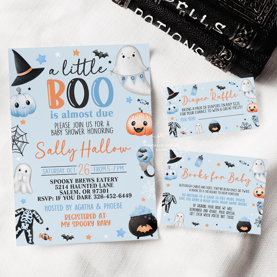 Editable Blue A Little Boo Baby Shower Invitation Inserts Bundle ...