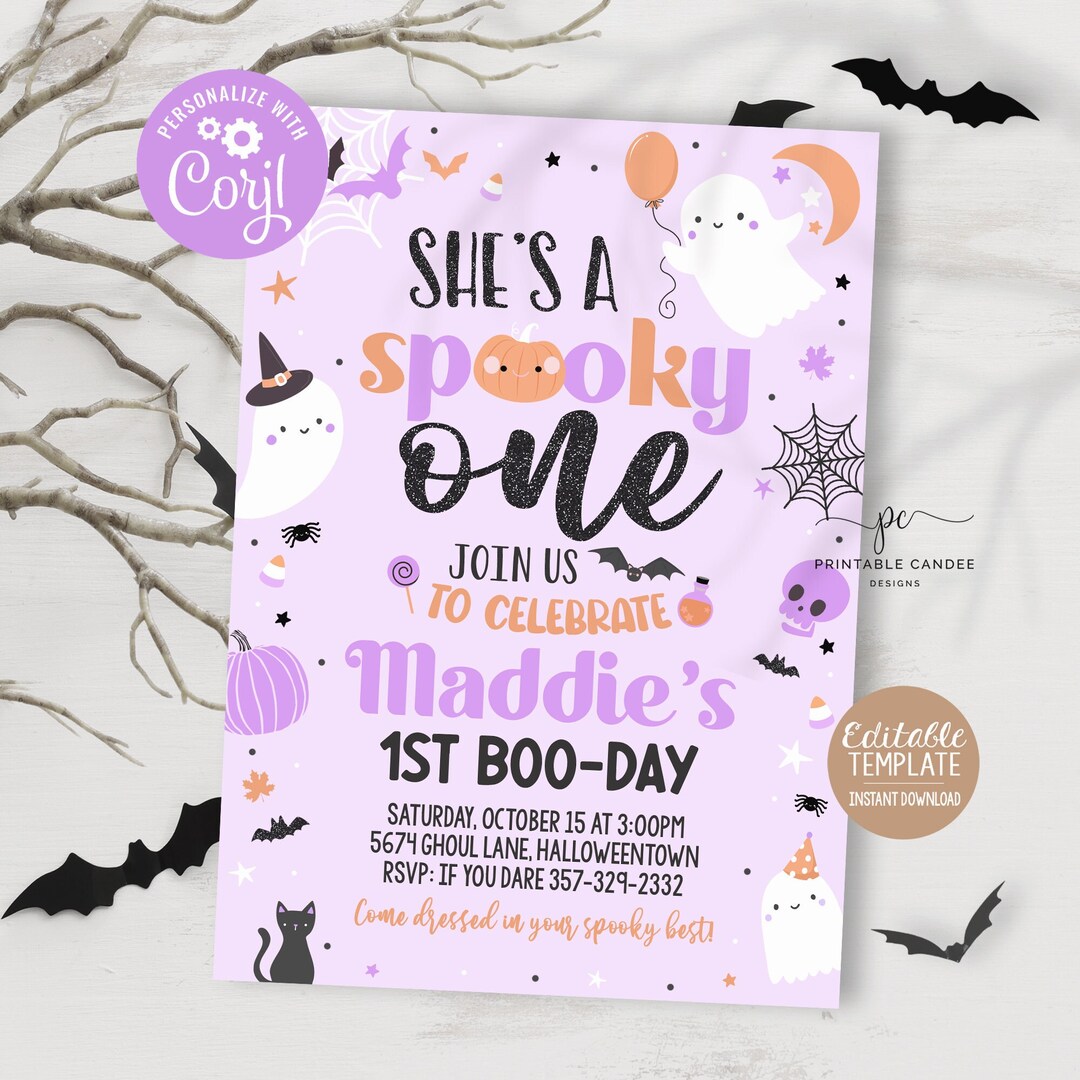 Editable Halloween Purple Ghost 1st Birthday Invite Girl Cute Hey Boo ...