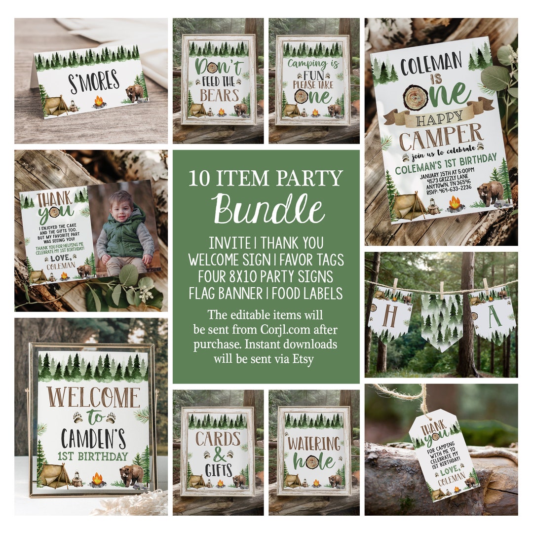 Editable Woodland Camping Party Bundle Birthday One Happy Camper Invite ...