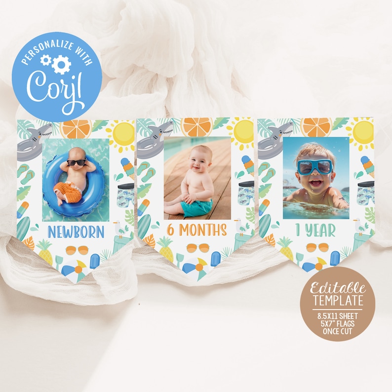 Editable One in the Sun 1st Birthday Monthly Flag Banner Tropical ...