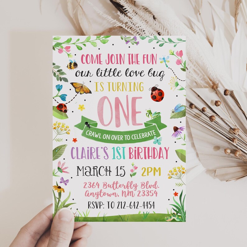 Editable Bug First Birthday Invitation Insect Party Butterfly Invite ...