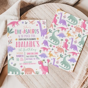 Pastel Dinosaur 1st Birthday Invitation Girl Oneasaurus Rex Party ...