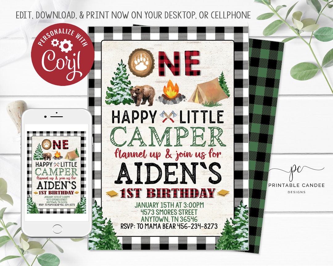 Camping Birthday Invitation One Happy Camper Smores Lumberjack No Photo ...