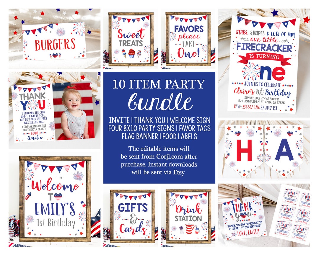 4th of July 1st Birthday Party Bundle Red White Blue Patriotic Stars ...