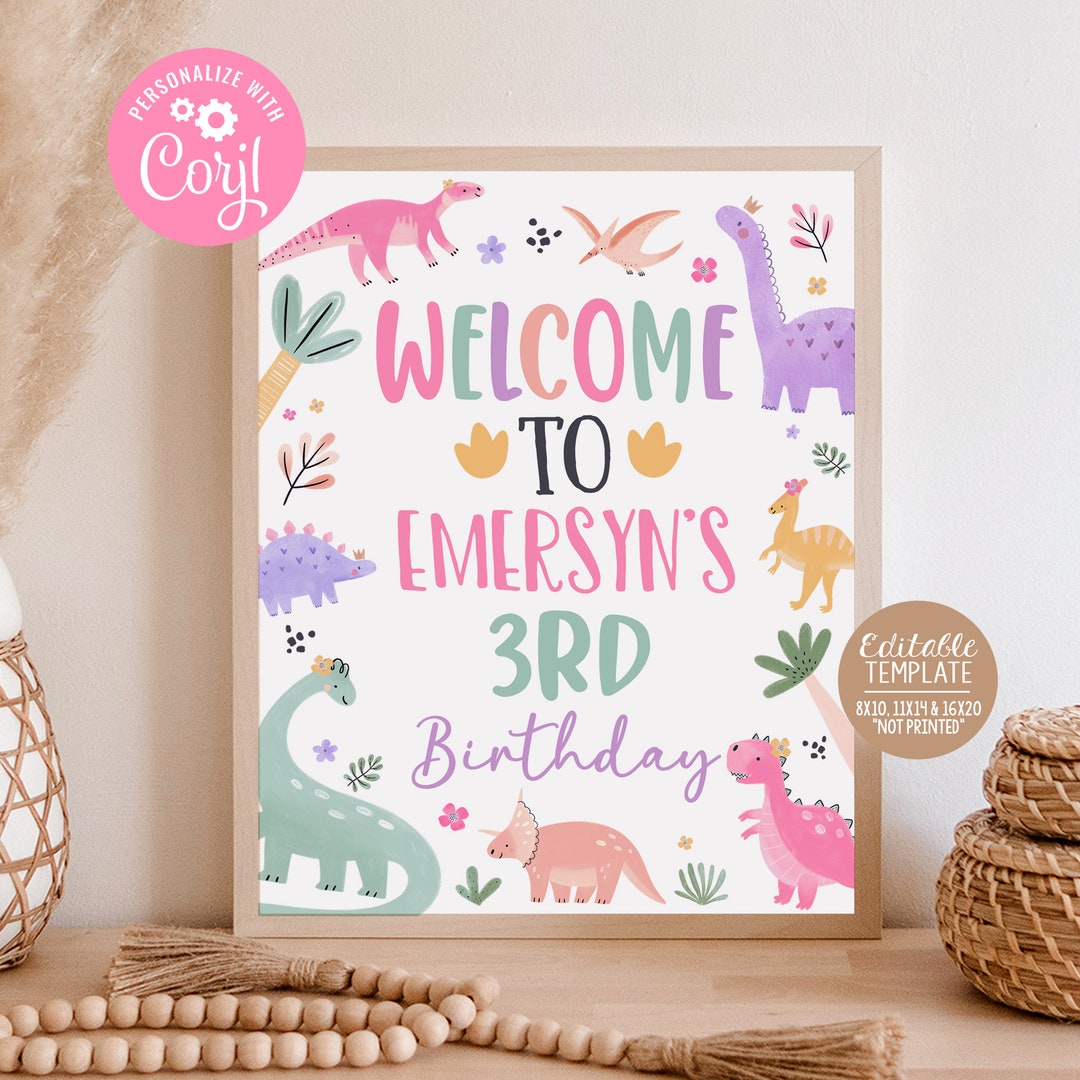 Pastel Dinosaur Welcome Sign Editable Girl Dino Birthday Party Decor ...